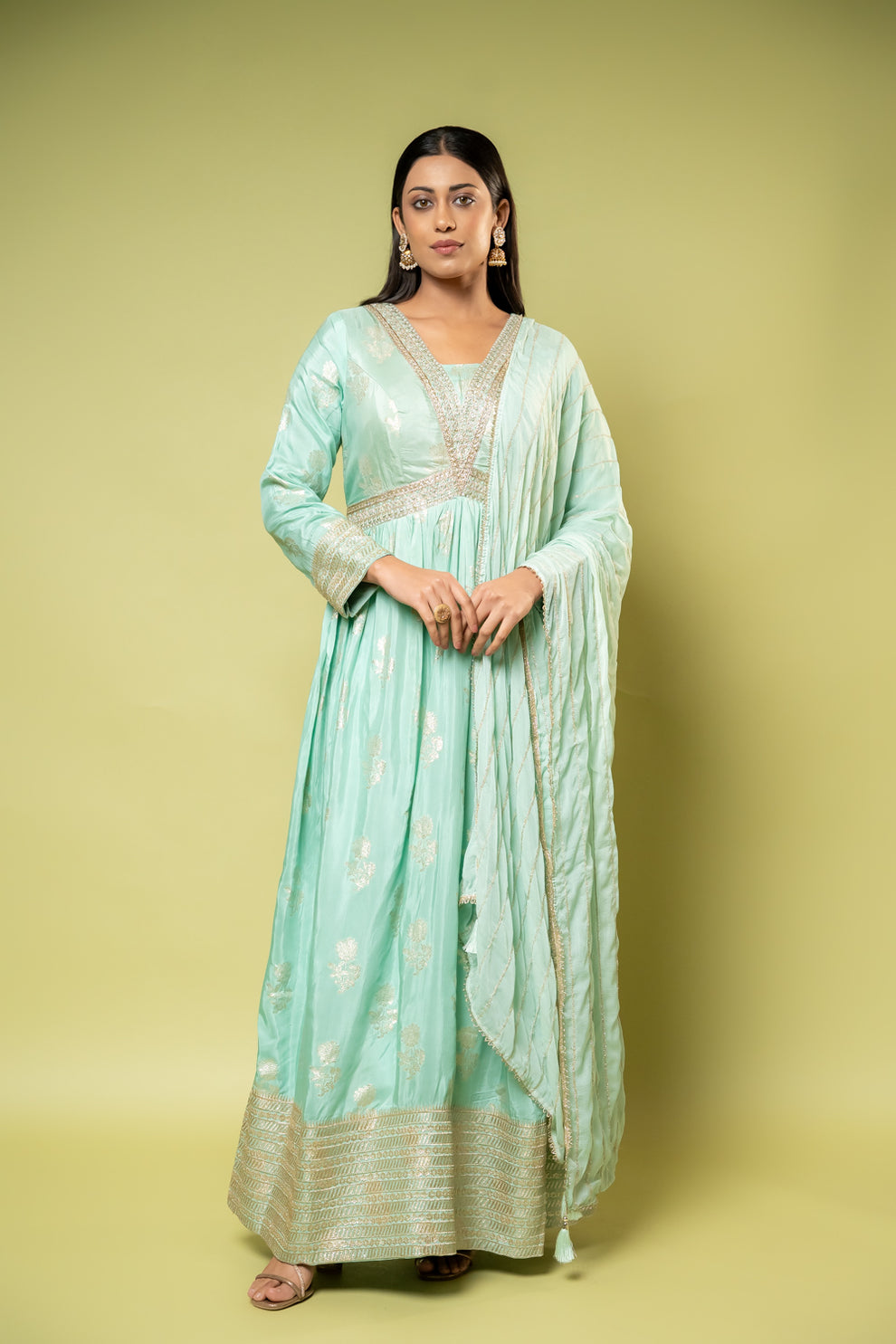 Tea Green Dola Floor Length Readymade Suit With Chiffon Dupatta – The ...