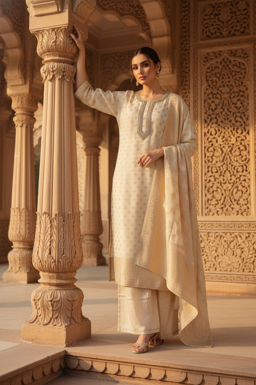 Off White Georgette Readymade Suit And Palazzo With Georgette Dupatta ...